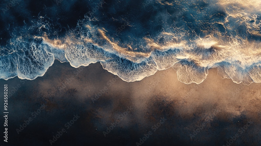 The ocean edge where water meets sand, seen from above, with nearby ...