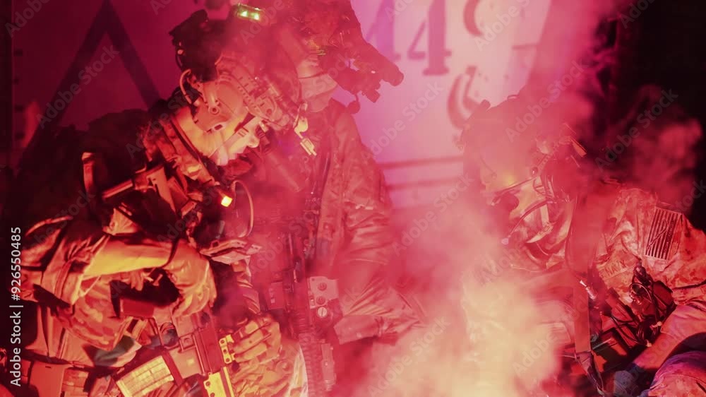 Night time military operations involve soldiers in full gear. team ...