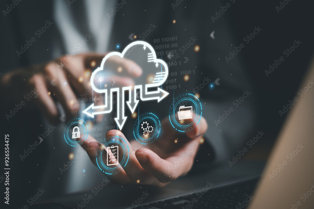 Business person migrate data and corporate information into cloud technology for data security ...