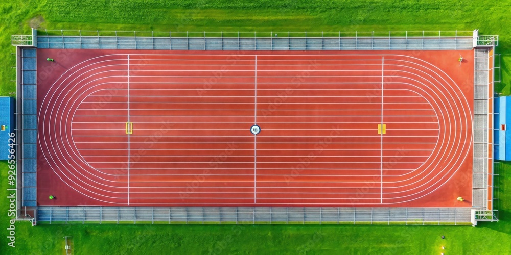 Aerial view of an athletics track with start and finish lines , Sports ...