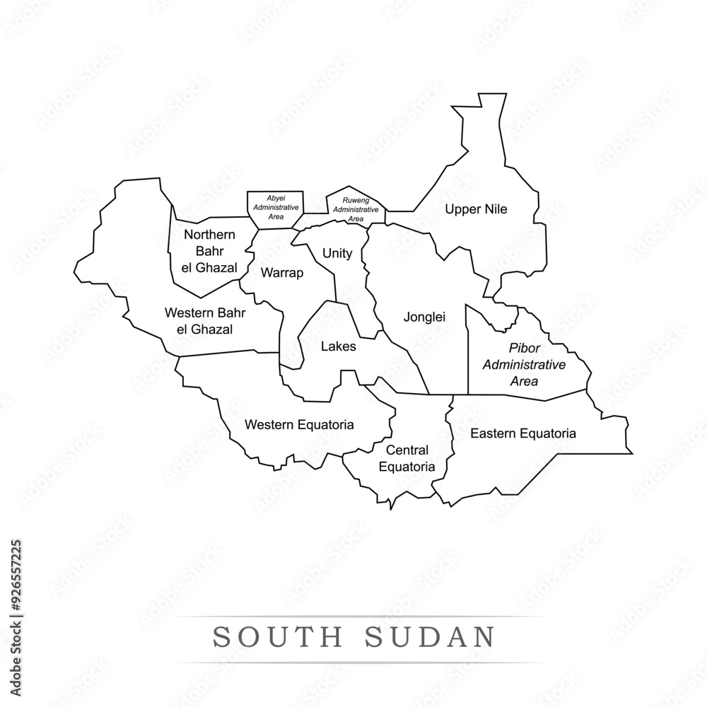 Administrative regions of SOUTH SUDAN. Province, state, division name with white map with black ...