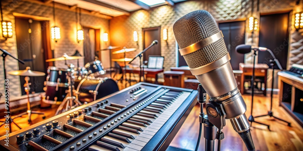 Microphone and essential music band equipment in a home recording ...