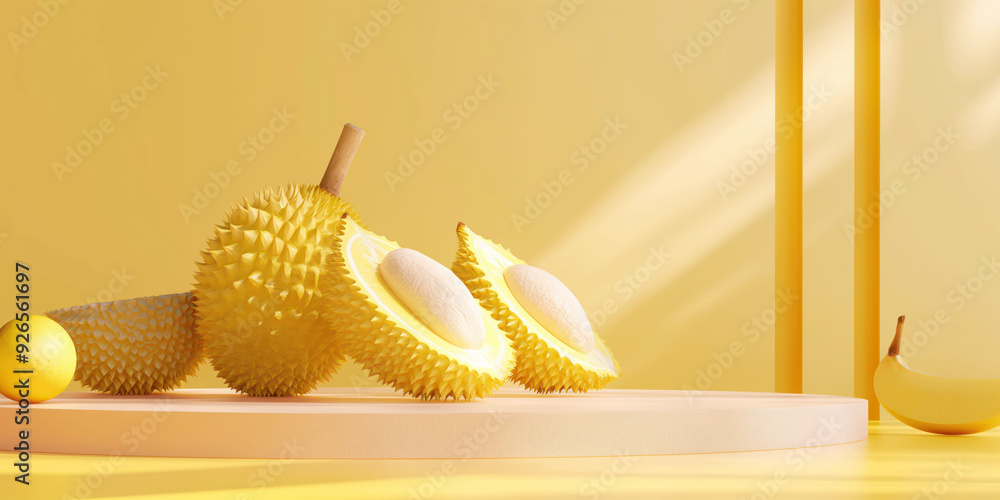 Minimalist Yellow Durian Display with Slices and Whole Fruit on ...