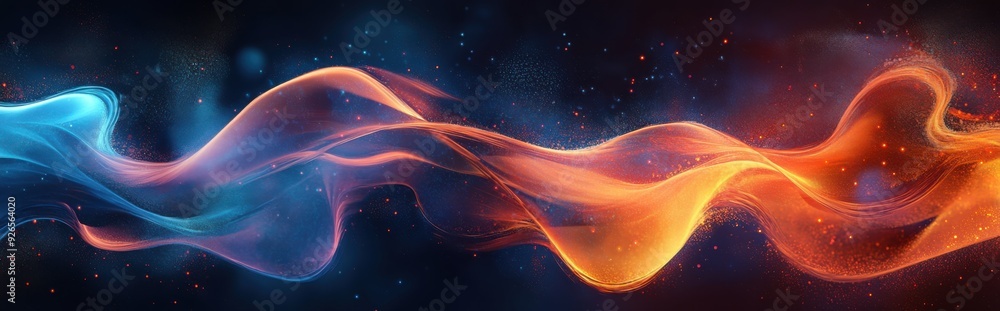 Abstract waves of orange and blue light flow gracefully across a dark ...