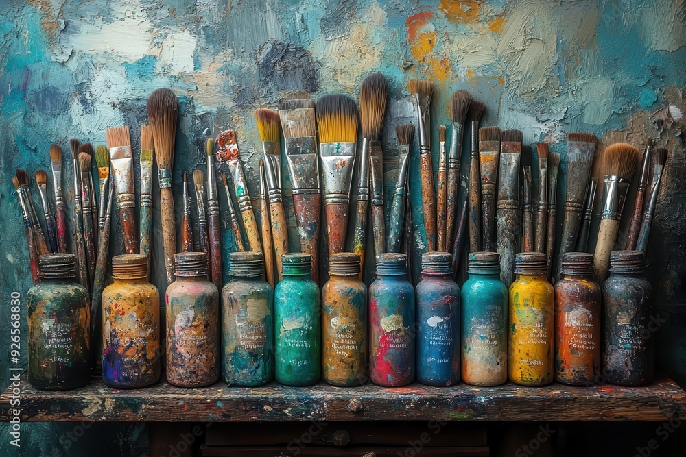 still life of artists tools arranged artfully on textured surface rich ...