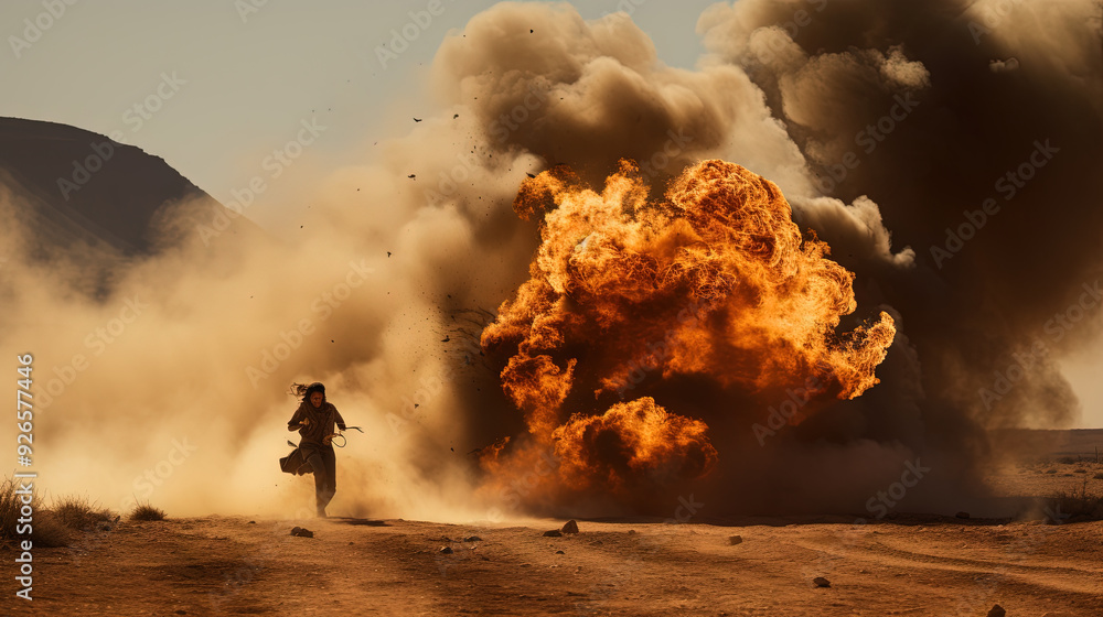 Action shot with woman walking leaving fire and explosions behind his ...