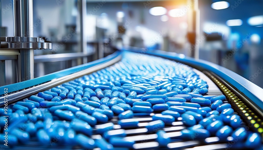 Blue capsules roll along a conveyor belt at a modern drug factory. This ...