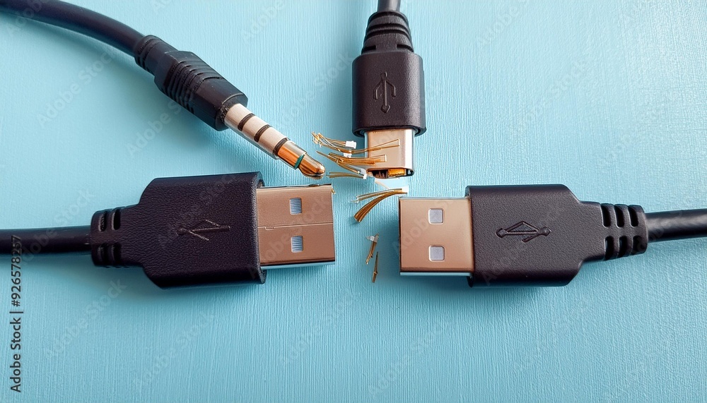 Cables with plugs have snapped wires. A flat picture of a broken wire ...