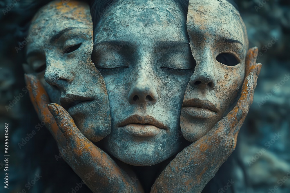 surreal portrait of figure holding multiple emotion masks shadowy ...