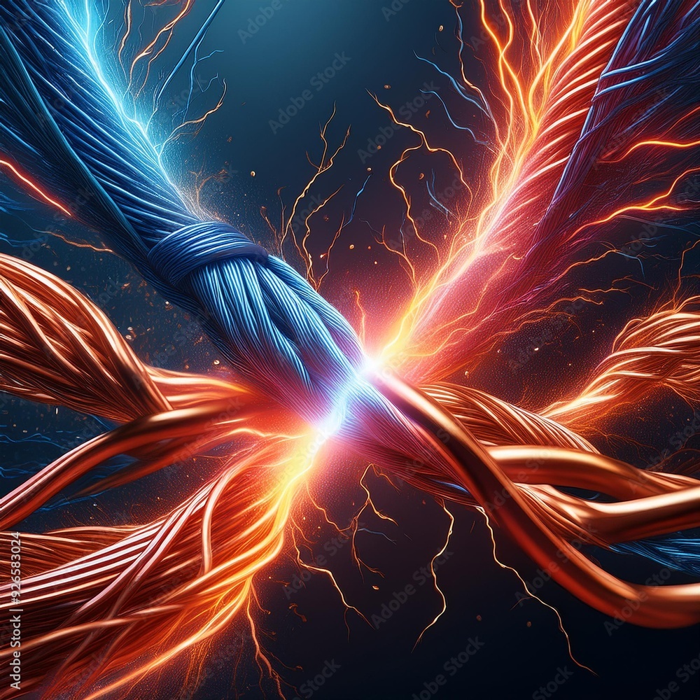 Electric current flows between two copper cables causing a discharge ...