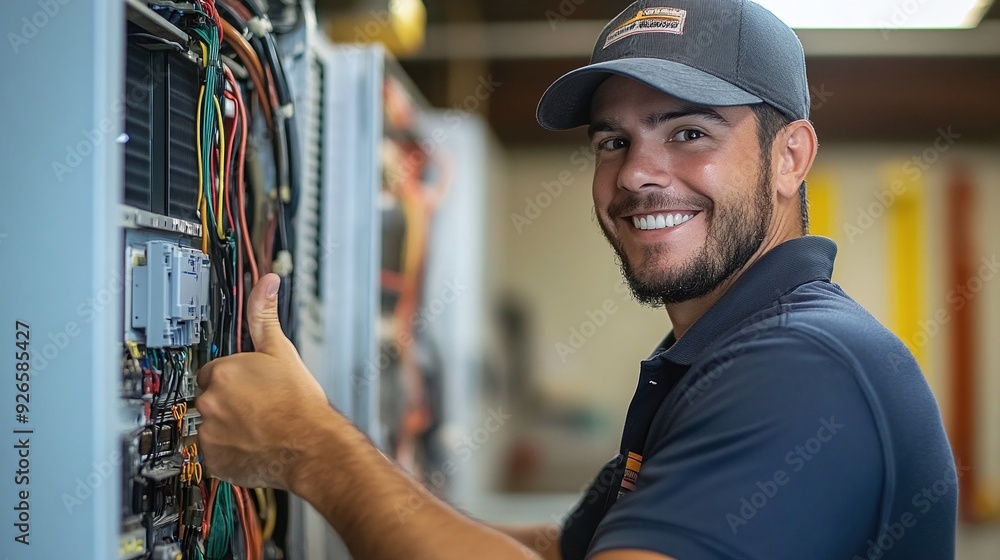 Skilled electrician giving a thumbs up while working on an air ...