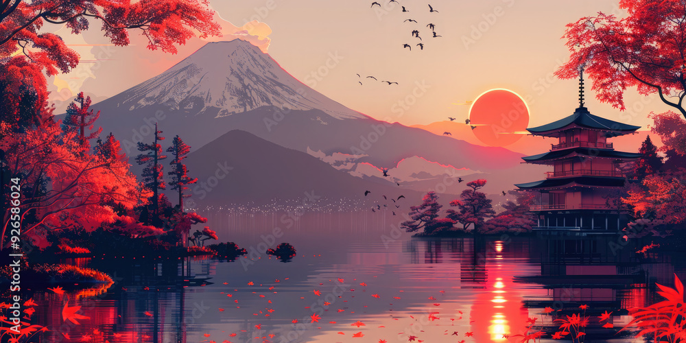 Red sunset shining over a lake with a japanese pagoda and mount fuji in ...