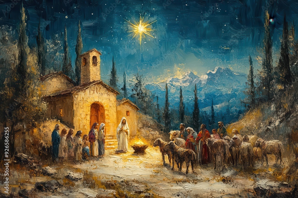 evocative nativity scene oil painting style rich colors chiaroscuro ...