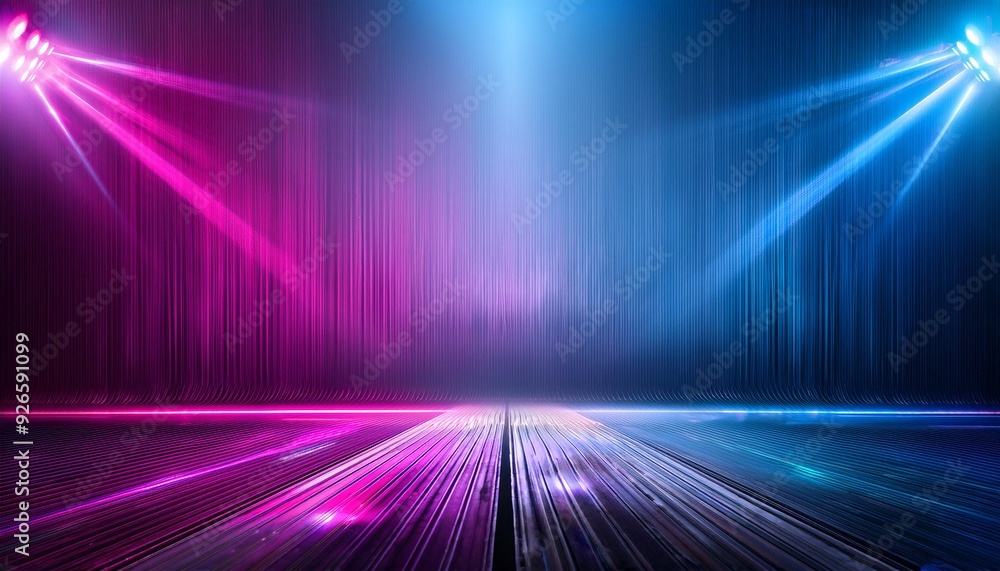 Neon dark stage shows empty room neon light, spotlights, dark blue ...