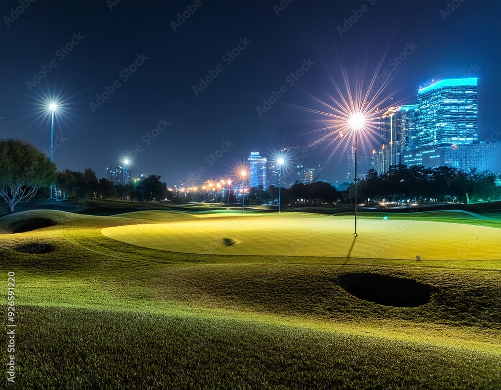 Neon golf balls illuminate the greens under the city lights, creating a ...