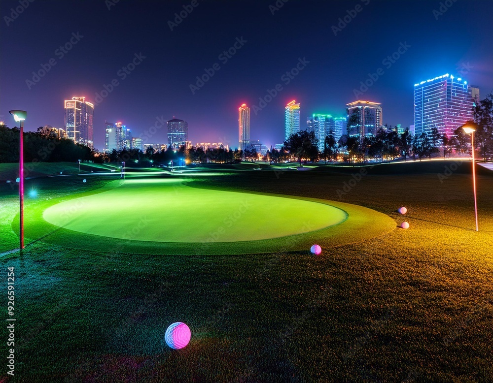 Neon golf balls illuminate the greens under the city lights, creating a ...