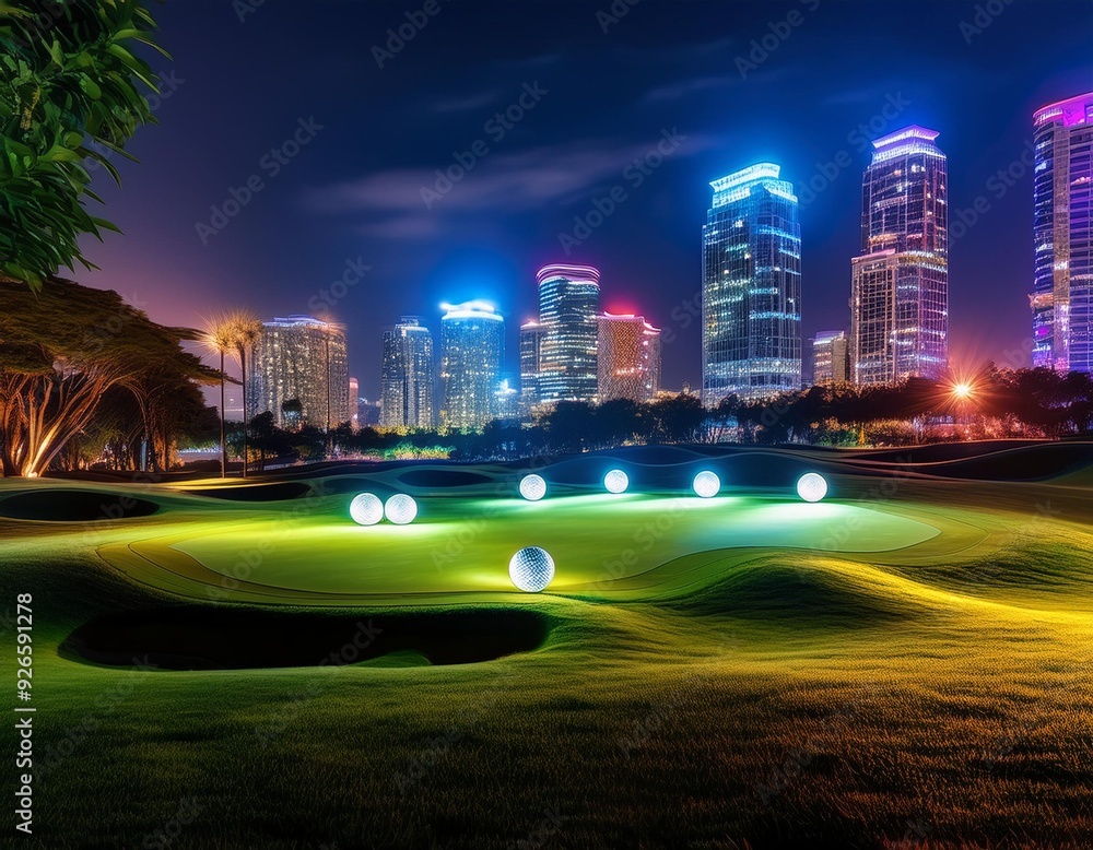 Neon golf balls illuminate the greens under the city lights, creating a ...