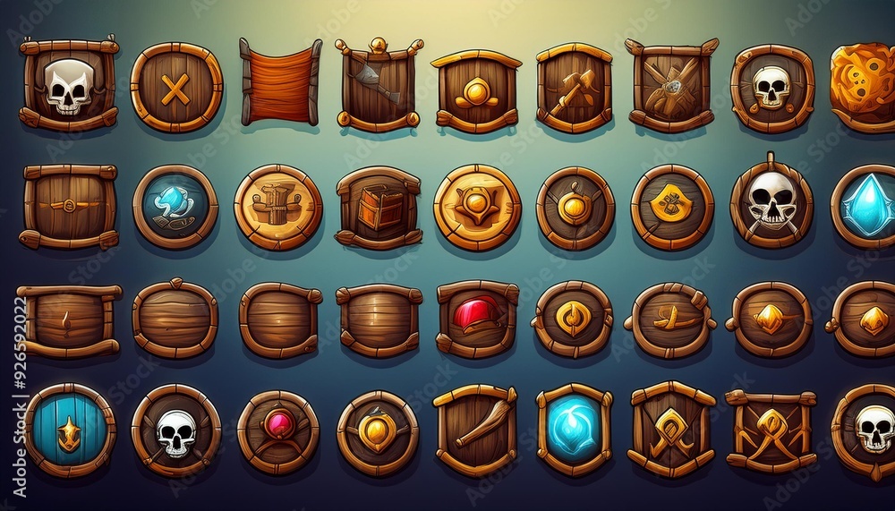 Pirate-themed game interface icons, like a wooden menu panel, victory ...