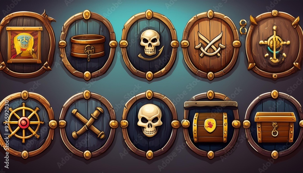 Pirate-themed game interface icons, like a wooden menu panel, victory ...