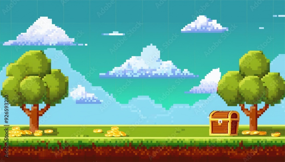 Retro-style video game background with a grassy field, trees, sky ...