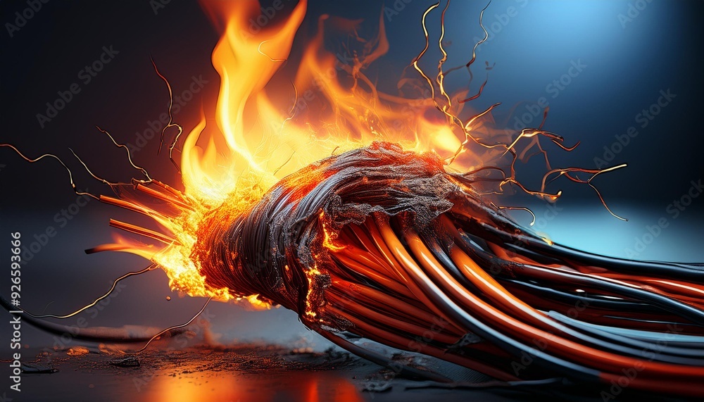 Short circuit fire caused damaged electrical wiring. The cable wires ...