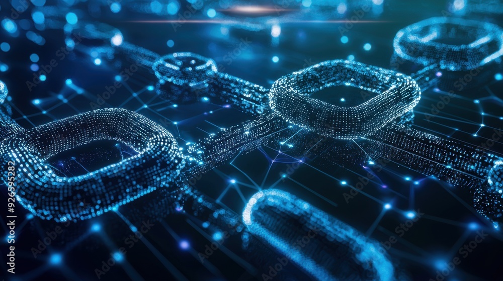 A digital representation of a blockchain network, with interconnected nodes and encrypted ...