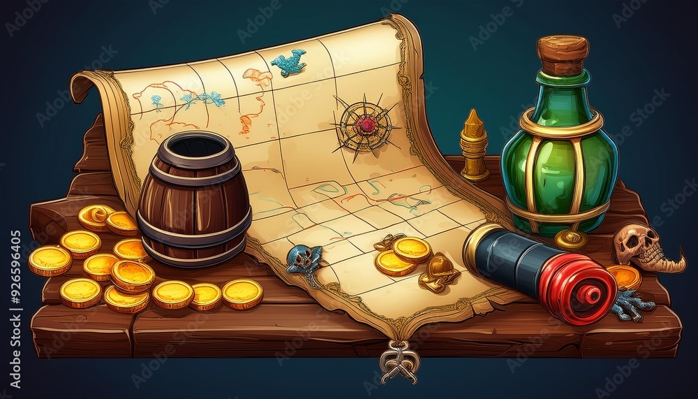 Treasure map with gold coins, skull, rum bottle, barrel, and parchment ...