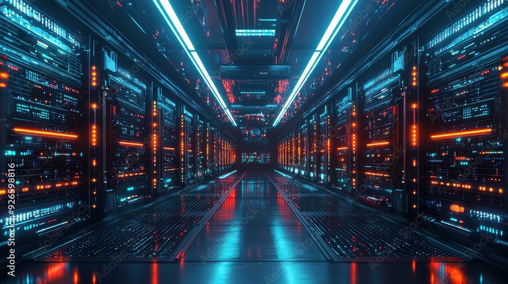 A data center with rows of servers, blinking lights, and AI-driven monitoring systems processing ...