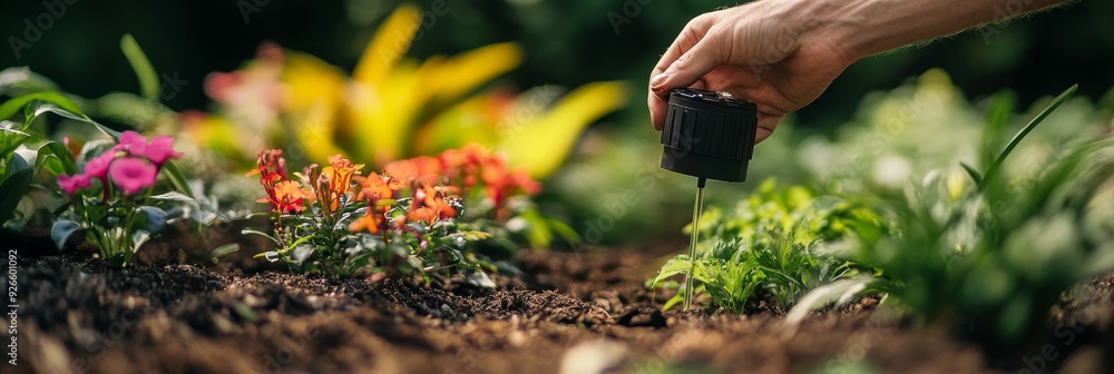 A hand holding a soil moisture meter, checking the hydration levels of ...