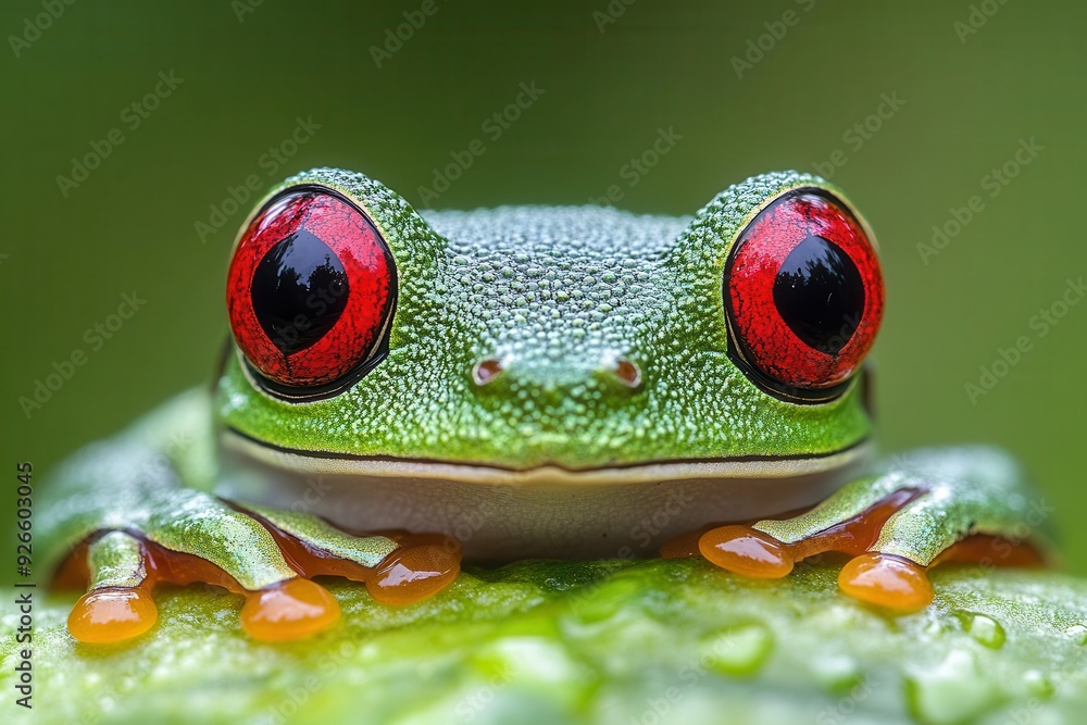 vivid closeup of an emerald tree frog with piercing red eyes glistening ...