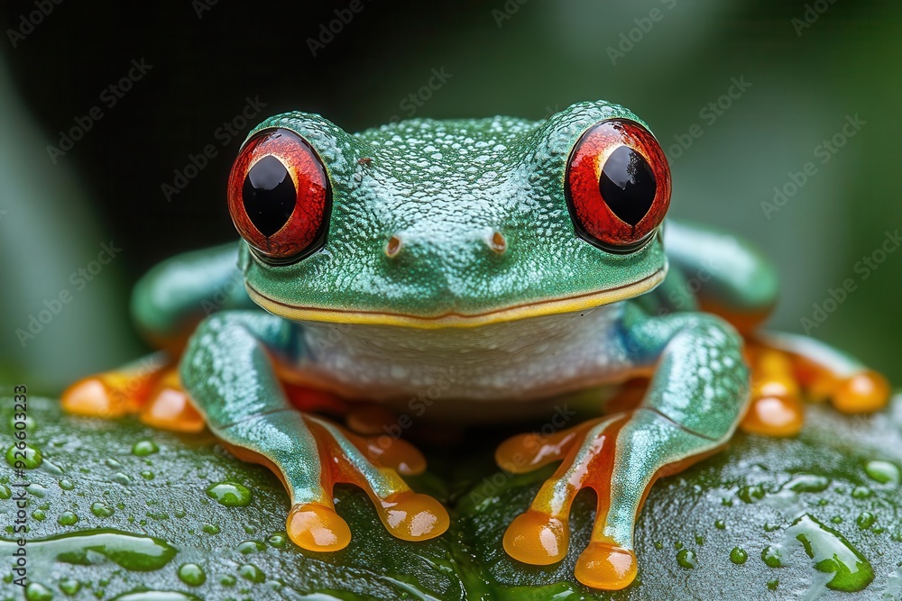 vivid closeup of an emerald tree frog with piercing red eyes glistening ...