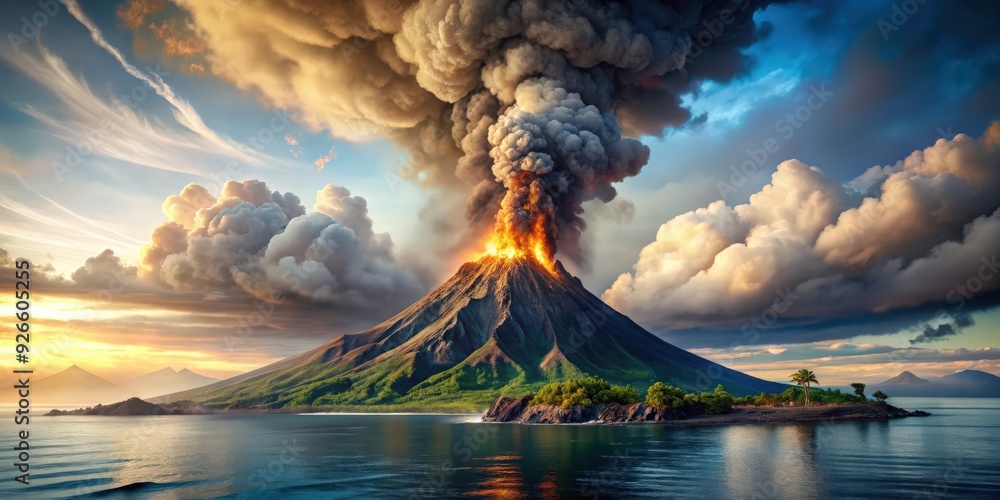 Volcano eruption on a remote island in the ocean , volcano, eruption ...