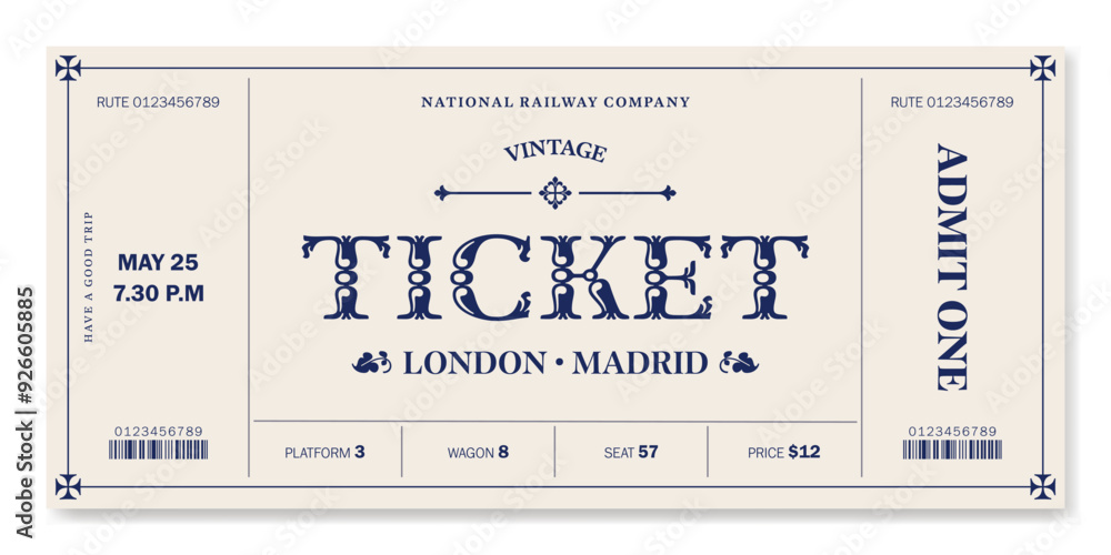 Vintage style ticket template for any event on light background. For ...
