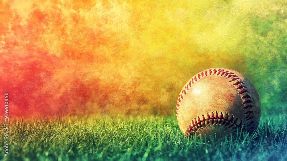 A weathered baseball rests on a field of green grass, with a vibrant ...