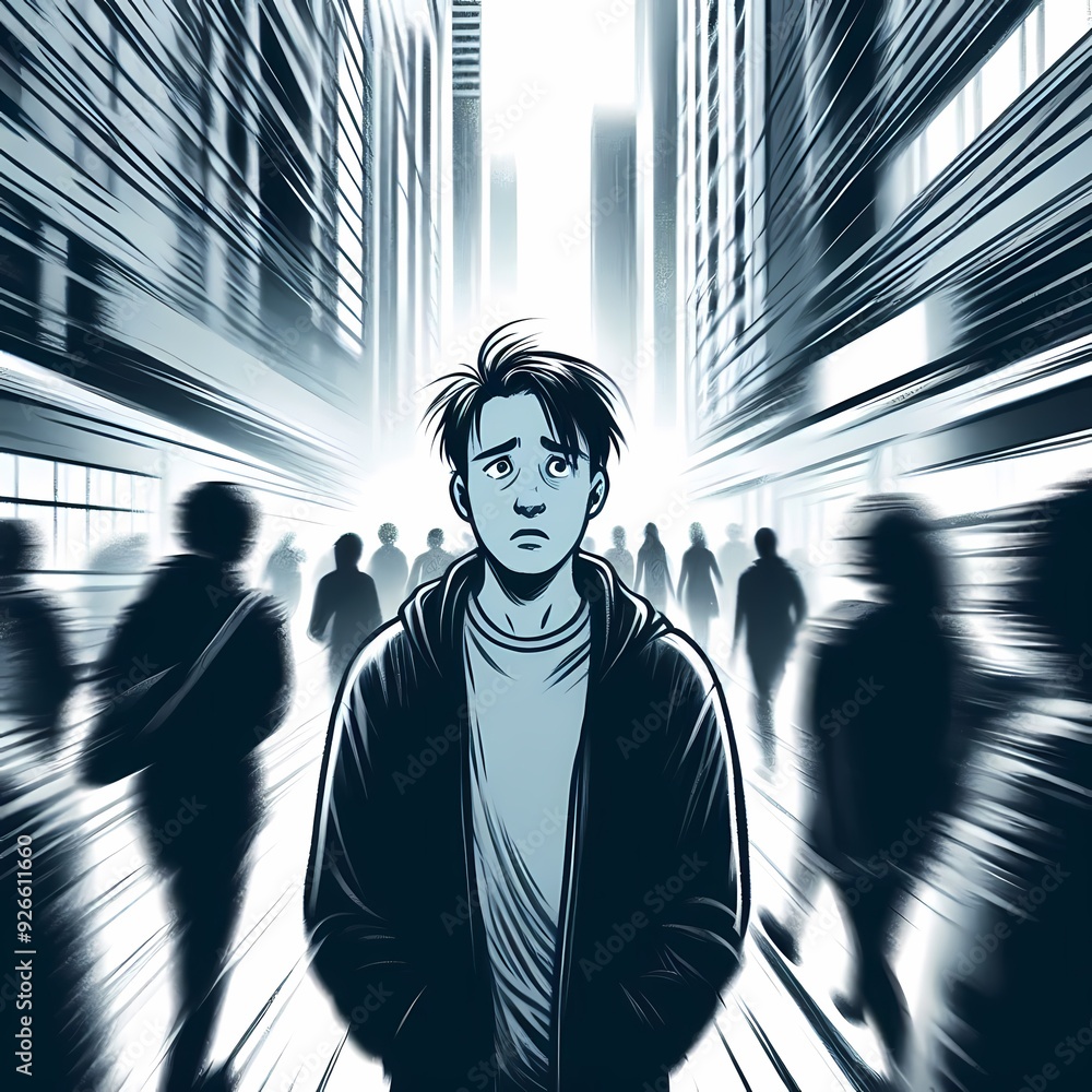 A person standing in the middle of a busy street with face shows a mix ...
