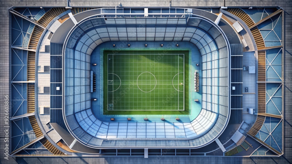 Aerial view of a modern stadium's detailed architectural blueprint ...