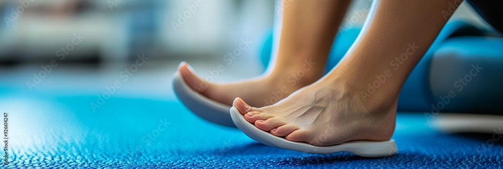 Close-up of a person's feet wearing custom orthotics, showcasing the ...