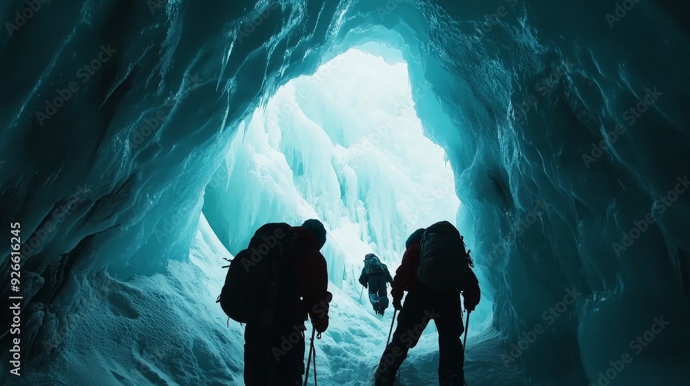 Three figures traverse a narrow ice cave, the bright blue ice ...