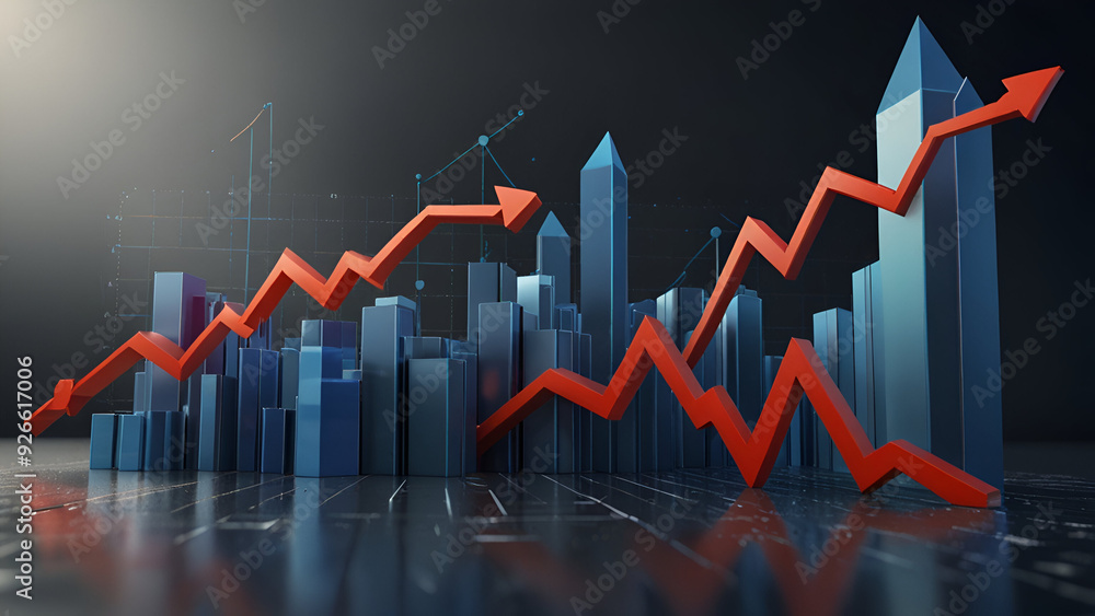 3D render of business graph with up arrow, the graph highlights ...