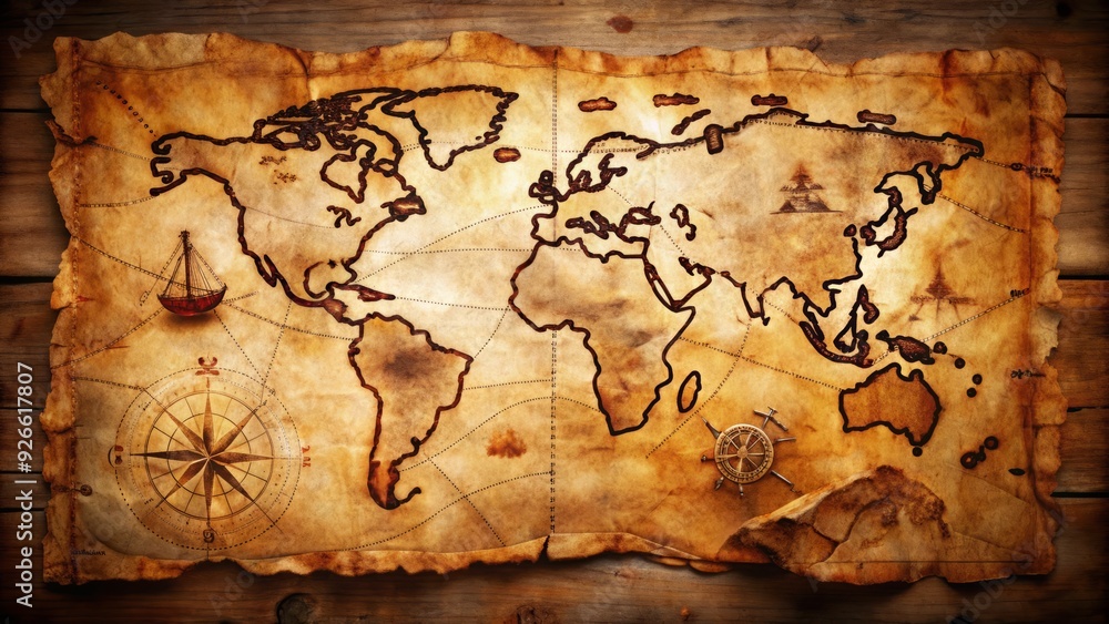 Aged, worn, and torn paper map with faded ink, creases, and mysterious ...