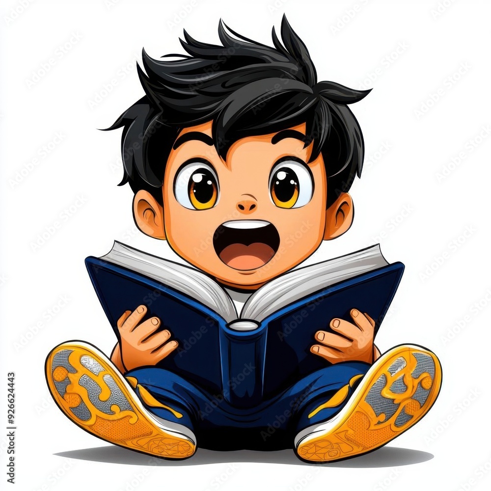 Cute cartoon illustration of a boy reading a book, colorful line ...