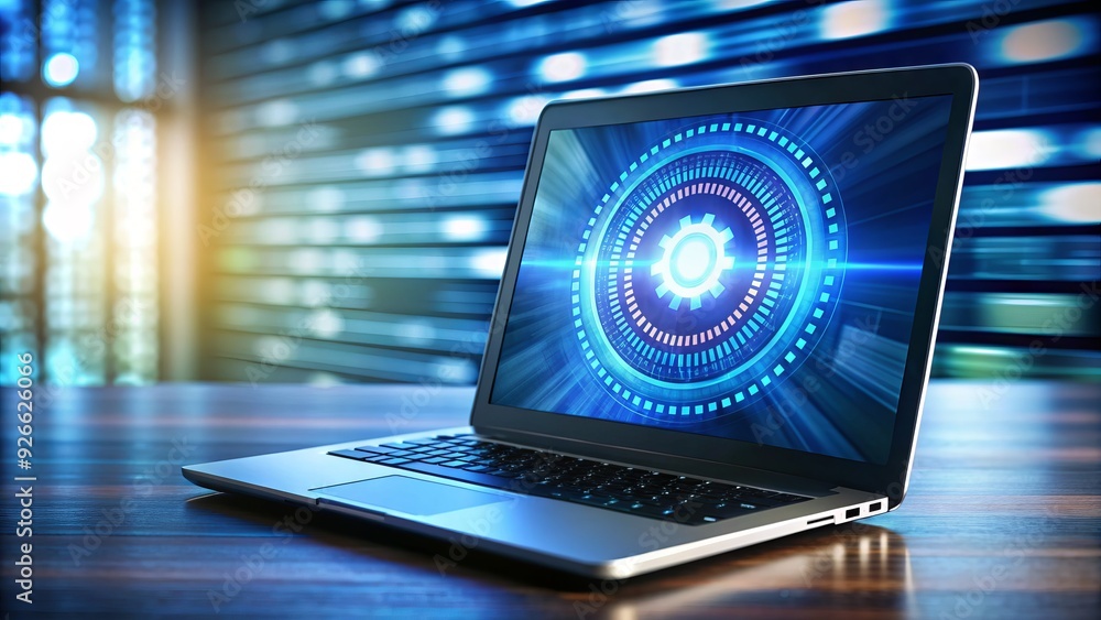 A modern laptop computer screen displays a spinning wheel and loading ...