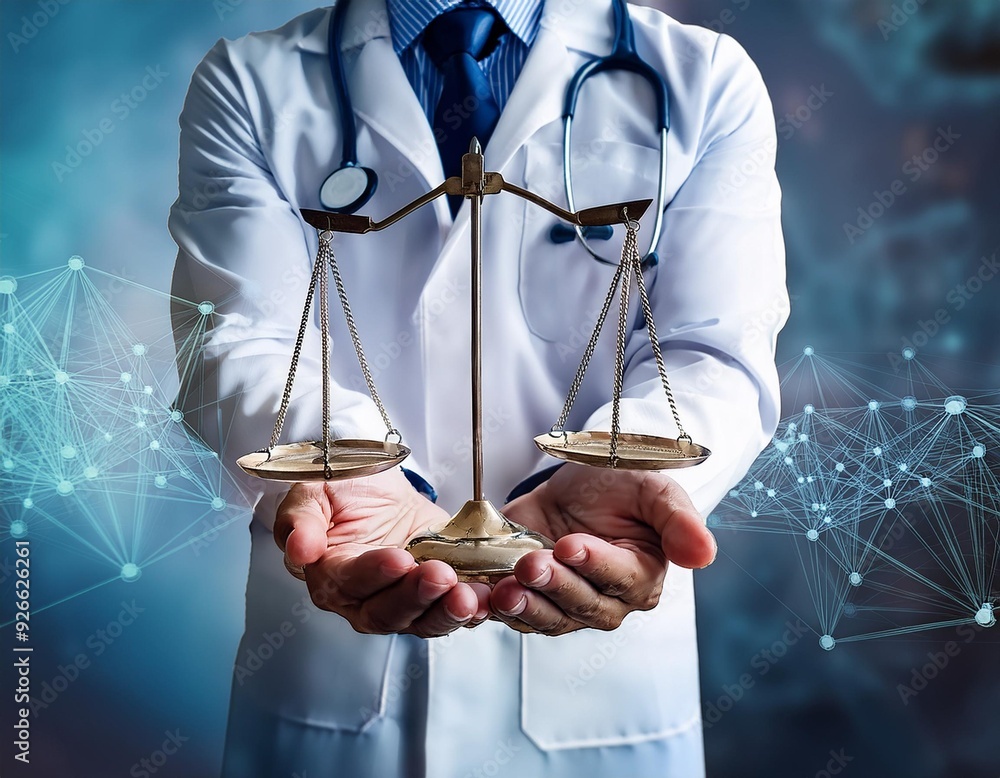 Medical ethics doctor holding scales of justice in hands analyzing ...