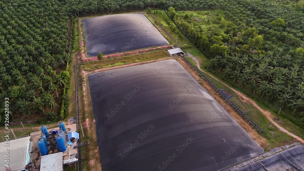 Aerial view wastewater treatment pond. Top view Bio-gas waste water ...