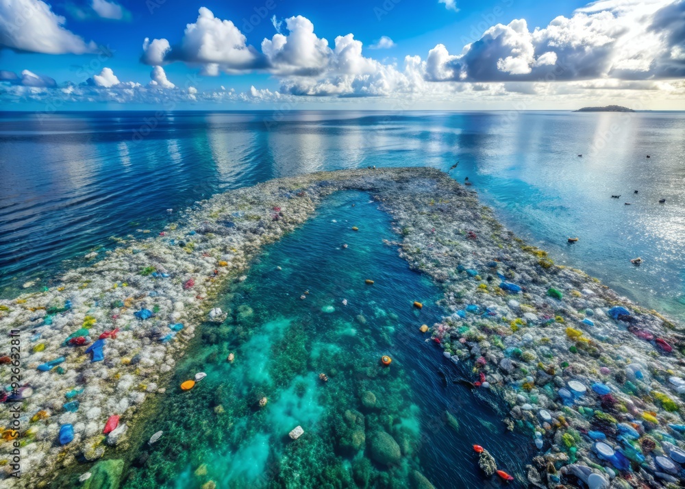 Aerial view of a vast expanse of ocean cluttered with discarded plastic ...