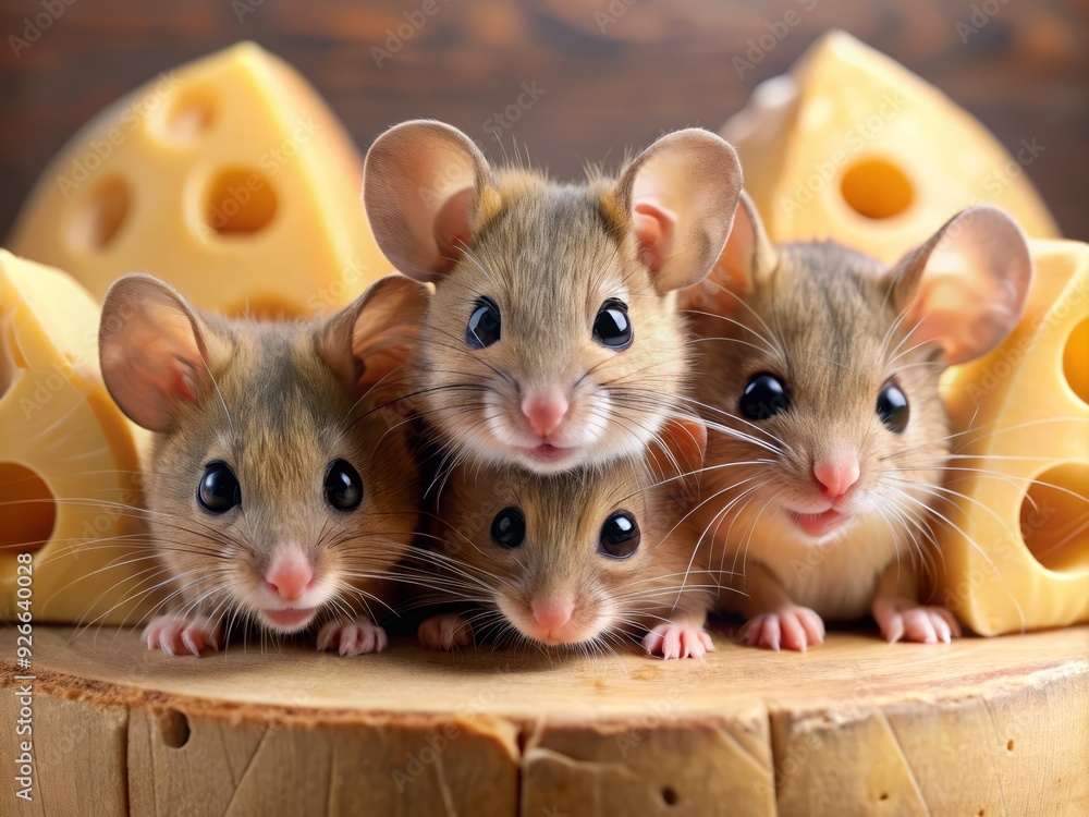 Adorable baby mice peek out from behind a tiny wheel of cheese, their ...