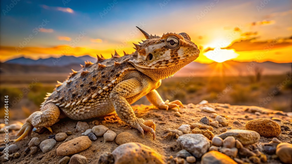 A small, spiky horned toad with brown and yellow skin blends into a dry ...