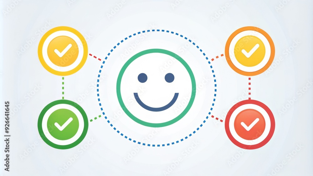 A smiling face with a checkmark symbol above, surrounded by dashed ...