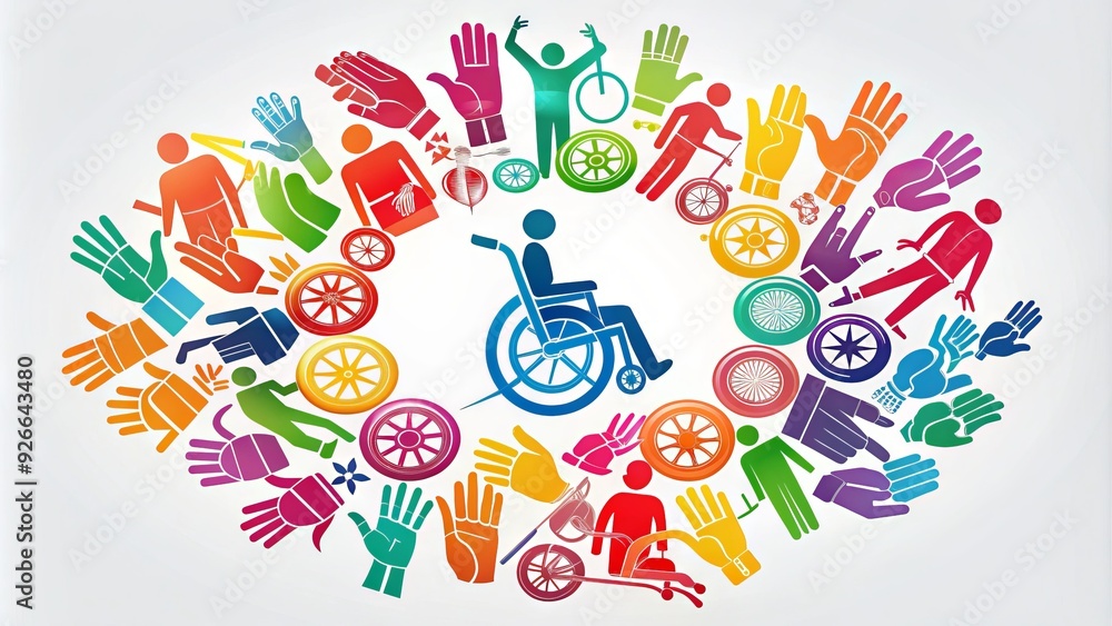 Assorted colorful accessibility icons, including wheelchairs, canes ...