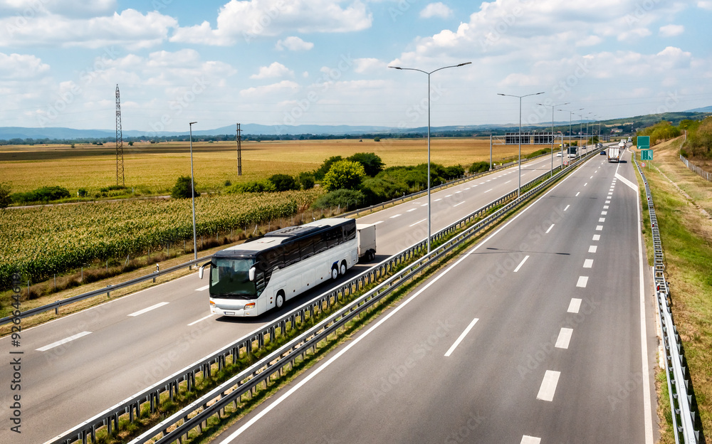 White Modern comfortable tourist bus with a small luggage trailer ...